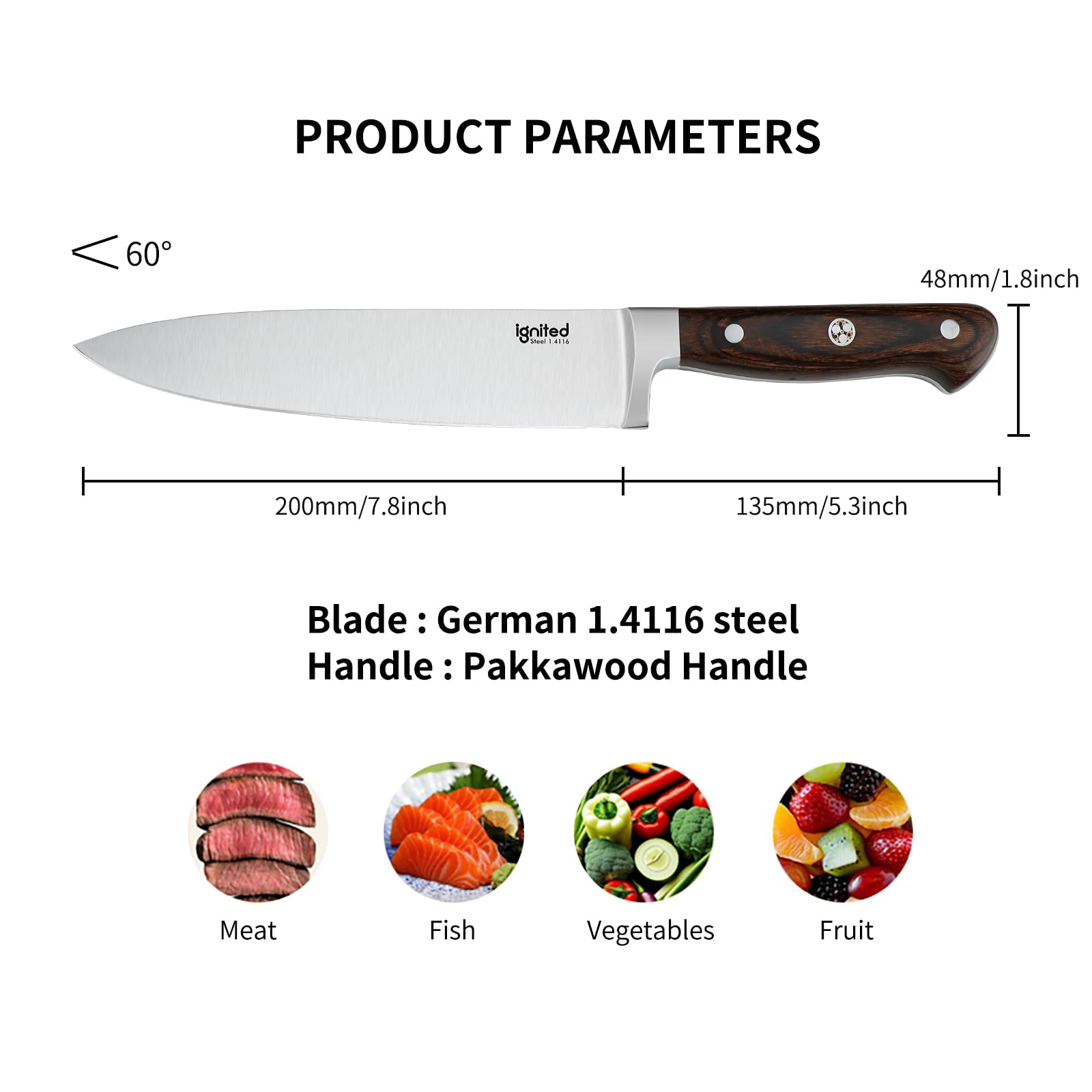 IGNITED CUTLERY Professional 8 Inch Chef Knife, 1.4116 German High Carbon Steel Kitchen Chef Knife, Chefs Knife With Pakkawood Handle, Dual Blade Sharp Kitchen Knife With Gift Box