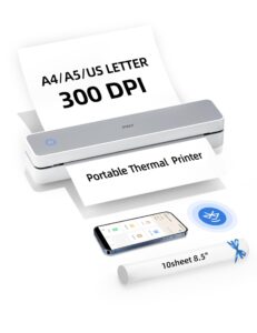 prt portable printer wireless for travel, bluetooth thermal printer support 8.5" x 11" us letter a4 a5, compatible with iphone, android & laptop, inkless printer for office, home, school, white