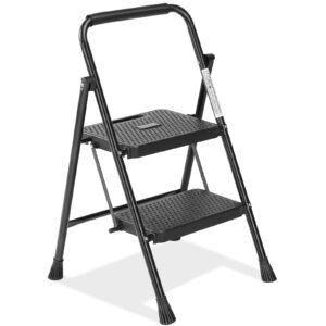 non-slip step ladder, metal foldable step stool with wide anti-slip pedal, folding step stool for home and office (2 step)