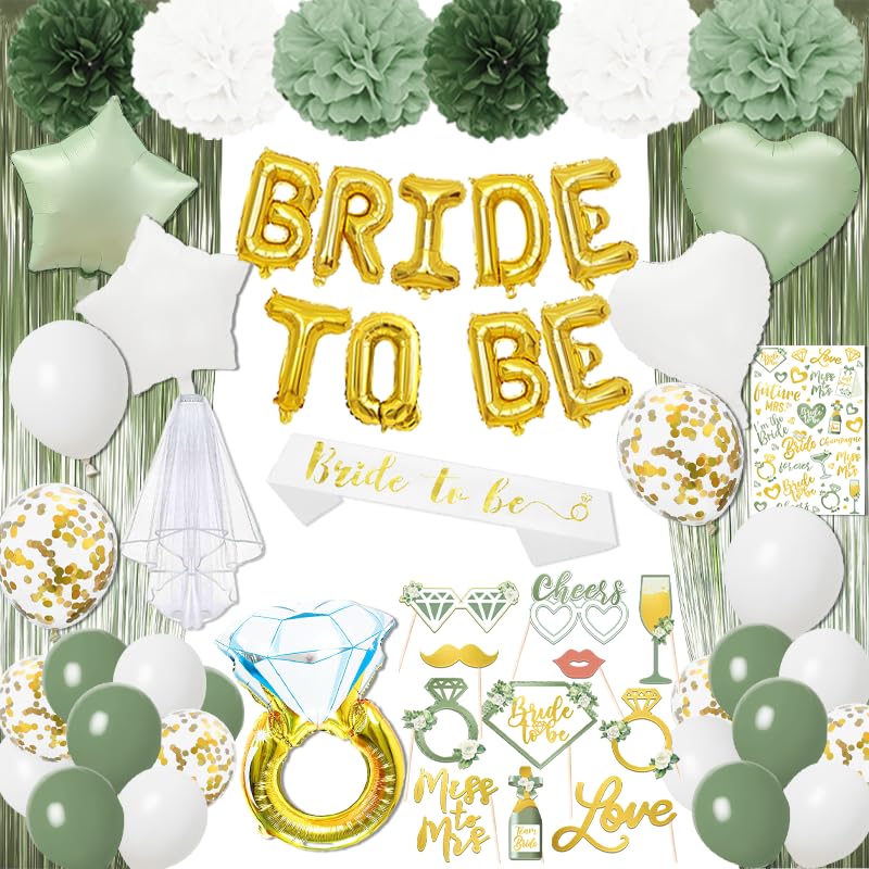 Sage Green Bachelorette Party Decorations Bridal Shower Decorations Bride to Be Balloons,Sash Fringe Curtain,Photo Booth Props for Wedding Engagement Party Favors Bridal Shower decor