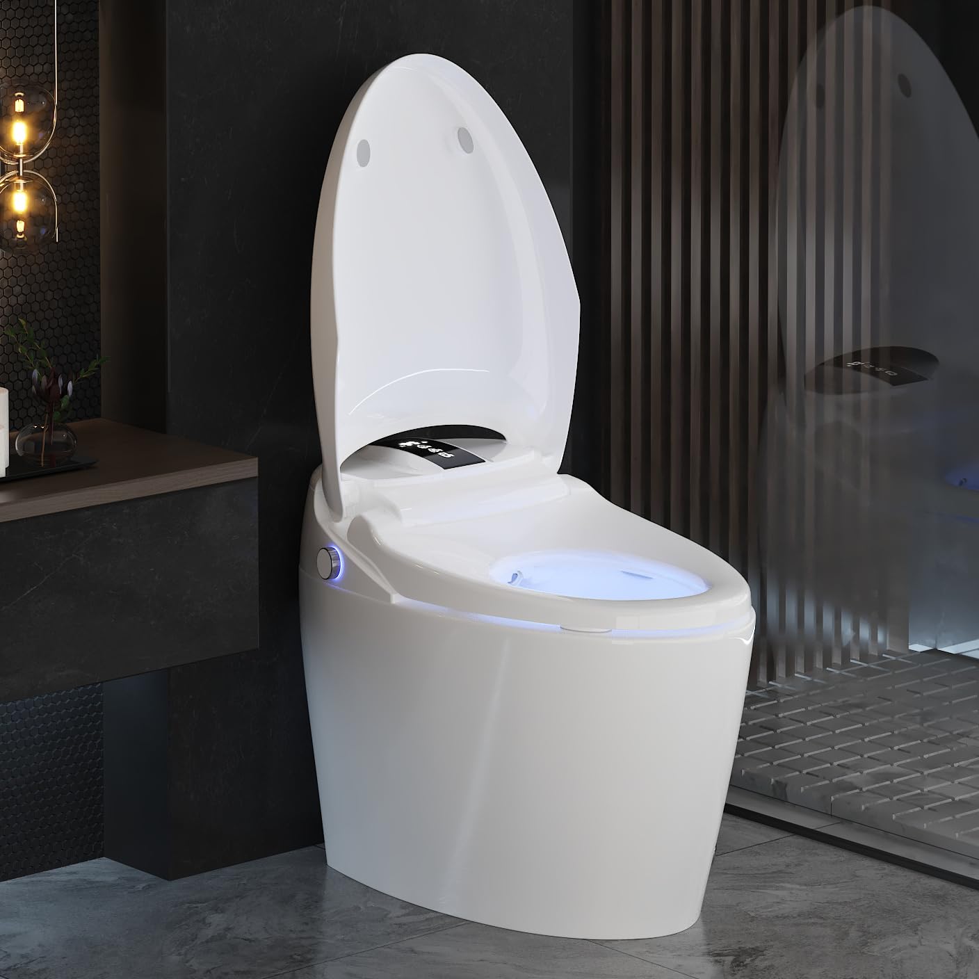 Lovinouse Smart Toilets Bidet, Modern Toilet and Bidets, Auto Power Flush Self Cleaning Tankless Toilet with Bidet,Auto Open & Close,Heated Seat,Warm Water Sprayer & Dry,Foot Sensor Operation,White