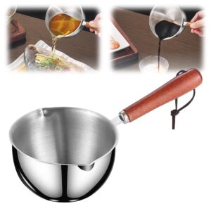 stainless steel hot oil pot with wooden handle, 2024 upgrade stainless steel mini soup pot mini milk warmer soup pan, breakfast pot milk pan small saucepan for reheating soup milk (120ml)