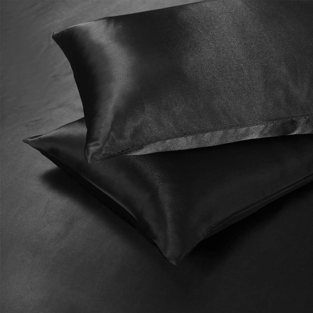 Kanak Bedding Satin Duvet Fitted Set, Ultra Soft Silky Satin 4 Pieces Duvet Cover Sets (1 Duvet Cover + 1 Fitted Sheet 15" Deep + 2 Pillow Shams),King Size,Black