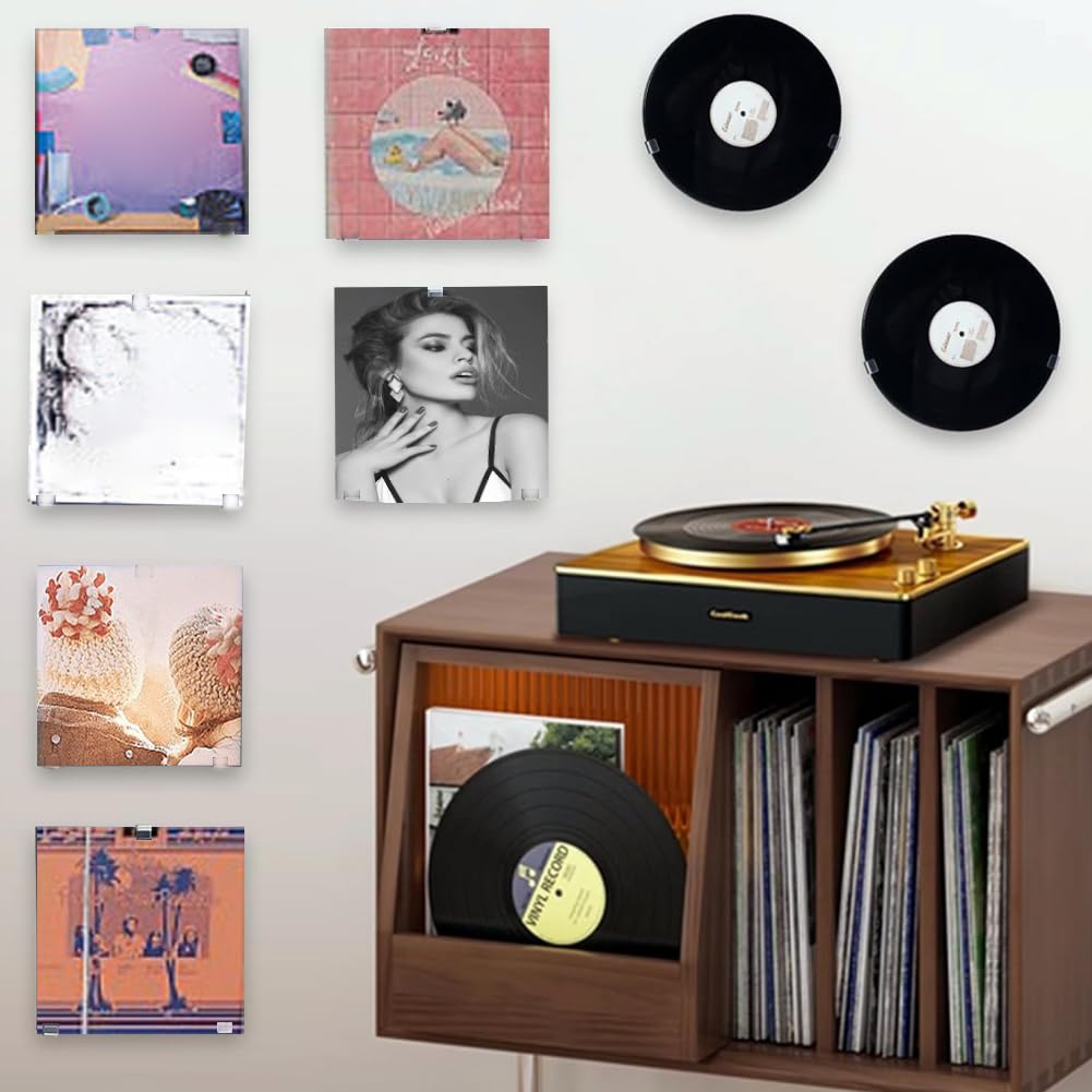 Trasylph Vinyl Record Display Shelf 6pcs Wall Mount Display Holder No Screws, Self Adhesive Clear Acrylic Vinyl Record Hangers Shelf for Album Covers Display and Home Wall Decoration