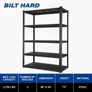 BILT HARD 48" W x 24" D x 72" H Garage Shelving Heavy Duty 2750LBS, 48 Inch Wide Adjustable 5-Tier Metal Shelves for Storage, Industrial Metal Shelf Utility Racks for Basement, Shop, Warehouse, Black