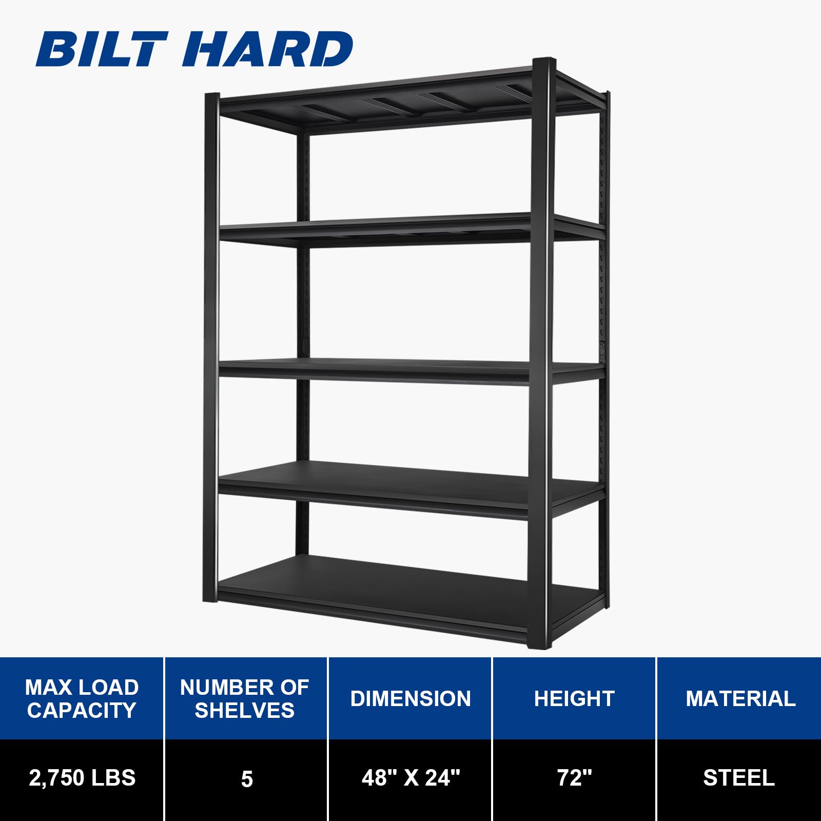 BILT HARD 48" W x 24" D x 72" H Garage Shelving Heavy Duty 2750LBS, 48 Inch Wide Adjustable 5-Tier Metal Shelves for Storage, Industrial Metal Shelf Utility Racks for Basement, Shop, Warehouse, Black