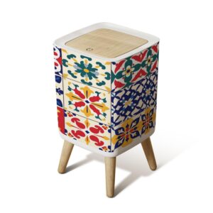 small trash can with lid vintage tiles traditional geometric ornate ceramic tiles seamless wastebasket with press cover dog proof garbage can waste bin for kitchen bathroom nursery 2.6 gallon