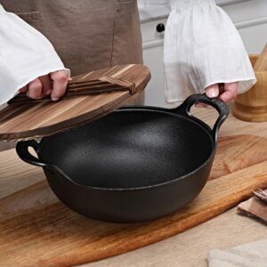 Firequasar Cast Iron Wok with Loop Handle, Large Wok Stir with Dual Handle, Pre-Seasoned Woks & Stir-Fry Pans (11" inch)