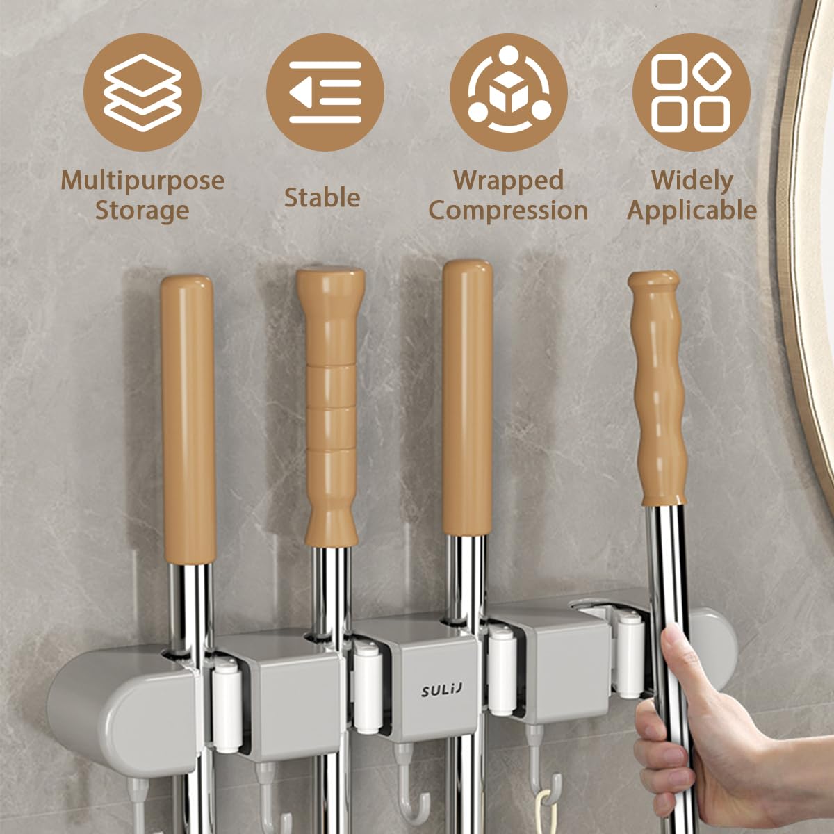 3PCS 4 Racks and 5 Hook Broom Mop Holder with Hooks Wall Mounted Broom Storage Rack No Drilling Self-Adhesive Mop Broom Organizer Mop Holder Hanger for Bathroom Office Kitchen Closet Garage,Gray