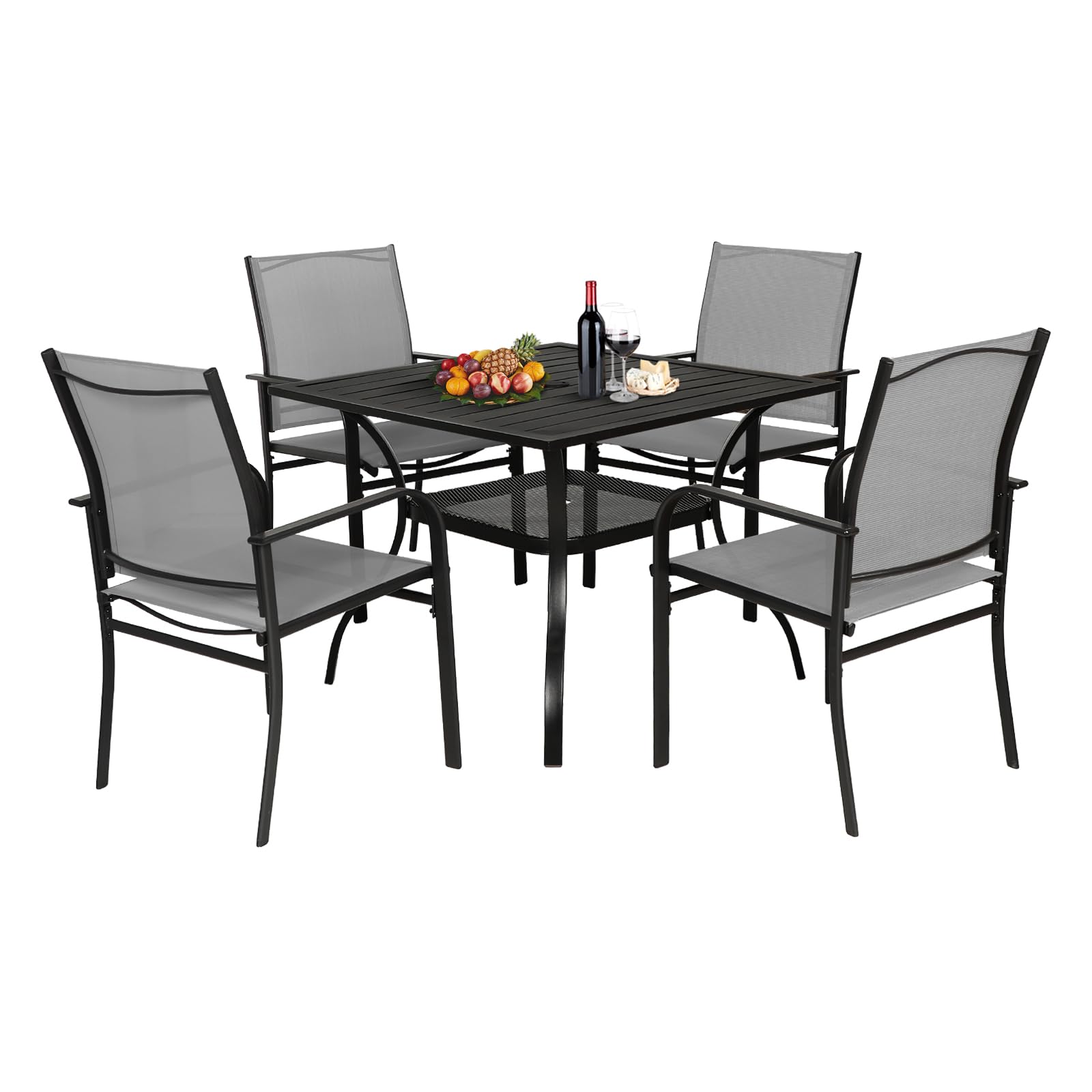 Incbruce 5 Pieces Patio Dining Set, Outdoor Dining Set of 4 Textilene Chairs and Rectangle Table with Umbrella Hole for Backyard, Garden, and Poolside (Grey)