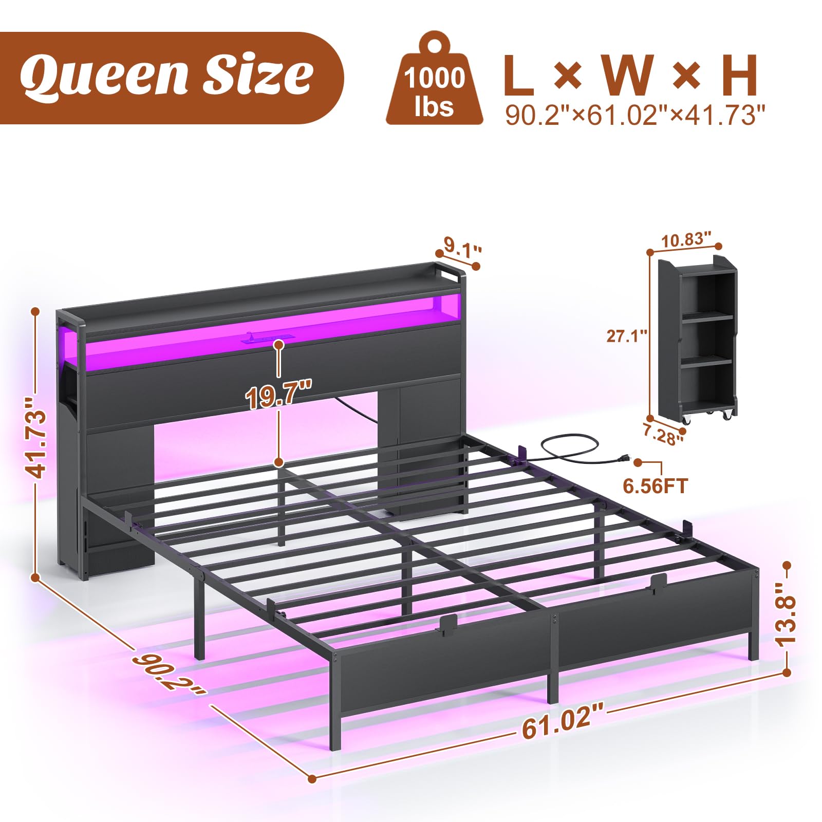 Unikito Queen Bed Frame with Bookcase Storage Headboard and LED Light, Queen Size Bed with Slide Bedside Cabinet and Charging Station, Heavy Duty Metal Slat, No Box Spring Needed, Noise Free, Black