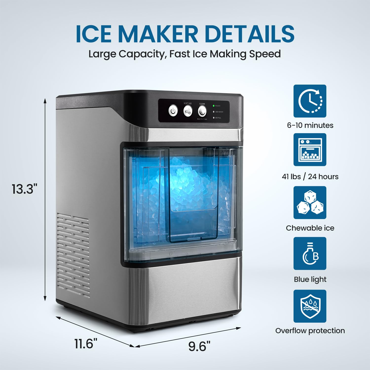 Nugget Ice Maker Coutertop,Chewable Soft Ice Maker Machine,Ready in 6 Mins,41Lbs per Day,Table Top Ice Cube Maker for Home, Self-Cleaning，Stainless Steel,Ideal for Parties, Kitchens, Bars, Offices