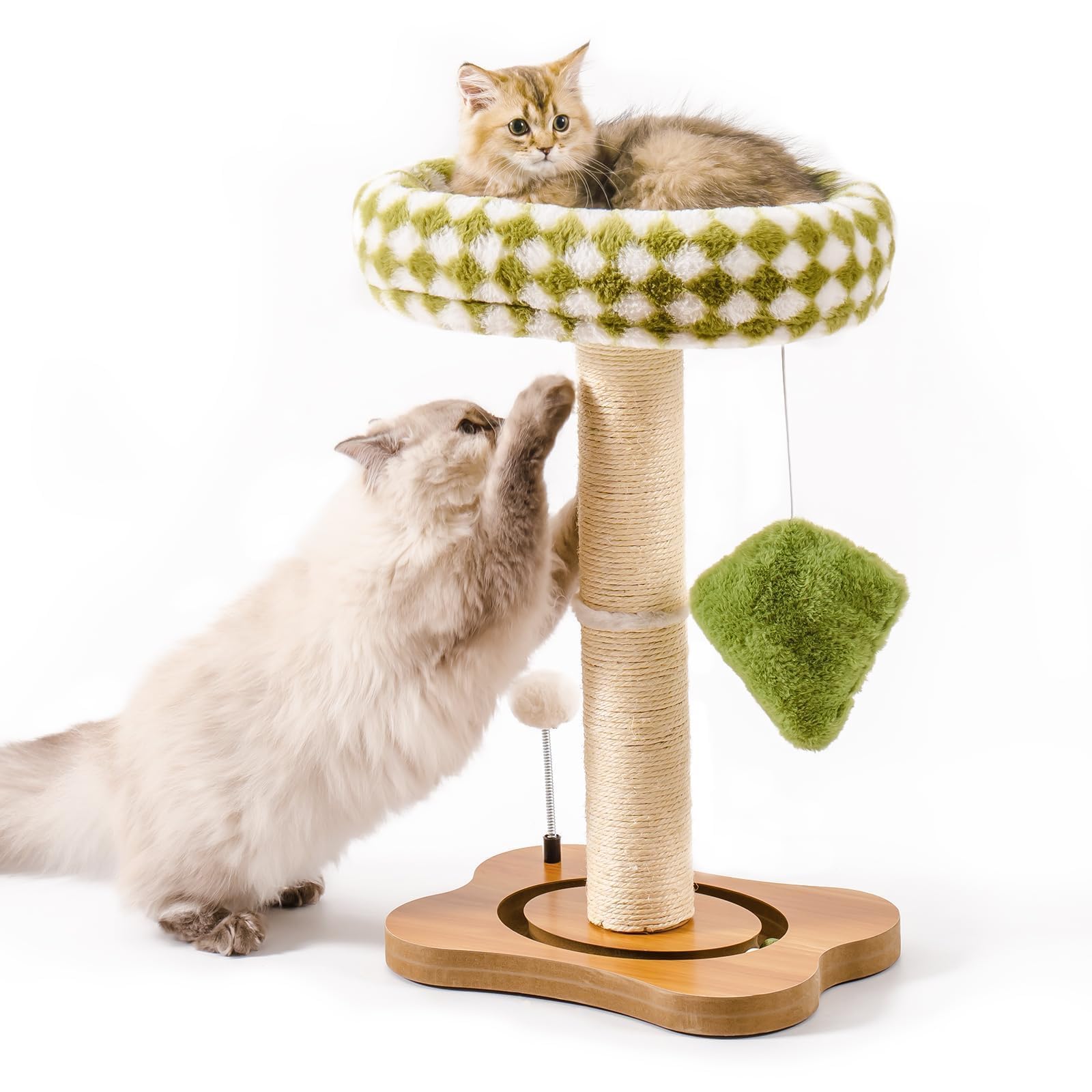 Mewoo Cat Scratching Post with Bed, Cat Tower with Cat Scratcher Post, Small Cat Tree for Indoor Cats, Sisal Cat Scratcher with Removable Cat Perch, Cat Ball Track and Kittens Toys (Green, Medium)