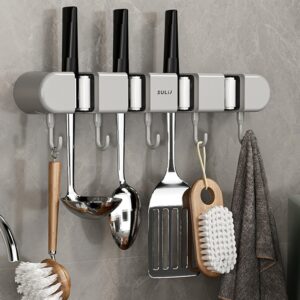 3PCS 4 Racks and 5 Hook Broom Mop Holder with Hooks Wall Mounted Broom Storage Rack No Drilling Self-Adhesive Mop Broom Organizer Mop Holder Hanger for Bathroom Office Kitchen Closet Garage,Gray