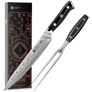 asety carving knife set, damascus carving knife and fork set, 2 pcs carving set for turkey, meat, bbq, brisket, full tang slicing knife with elegant box, g10 handle