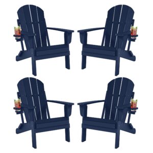 adiromoti folding adirondack chairs set of 4, all-weather resistant hdpe patio firepit chairs, sturdy outside chairs with cup holder, lawn chairs, 80% pre-installed load capacity 385lb, navy blue