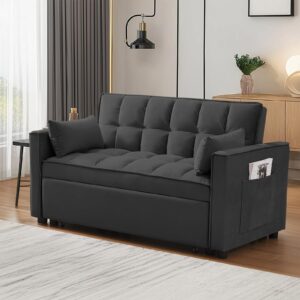 3 in 1 Convertible Sleeper Sofa Bed, Modern Velvet Loveseat Pull-out Sofa Couch w/Pullout Bed, Small Love Seat Lounge Sofa w/Reclining Backrest,Toss Pillows, Pockets, for Living Room(Black, 55.1)