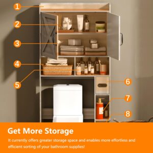 JOKOLO Over The Toilet Storage Cabinet,Freestanding Wooden Bathroom Organizer with 2-Door Toilet Storage Rack,66 Inches Height,Grey