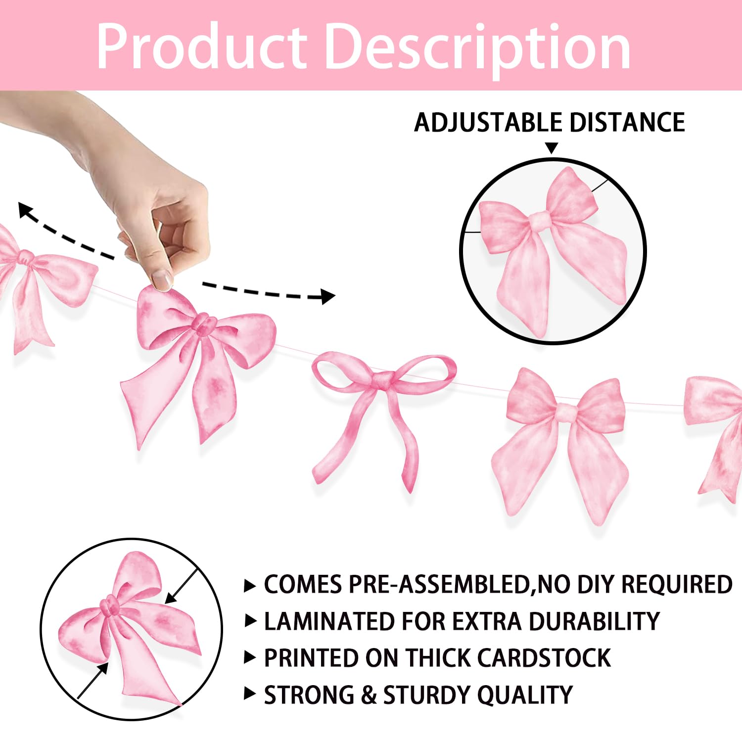 4 Pcs Pink Bow Party Decorations Banner, NO-DIY Coquette Birthday Decorations Garland, Girls Baby Shower Bow Birthday Decorations, Pink Bow Decor Banner for Bridal Shower Bachelorette Party Bow Party