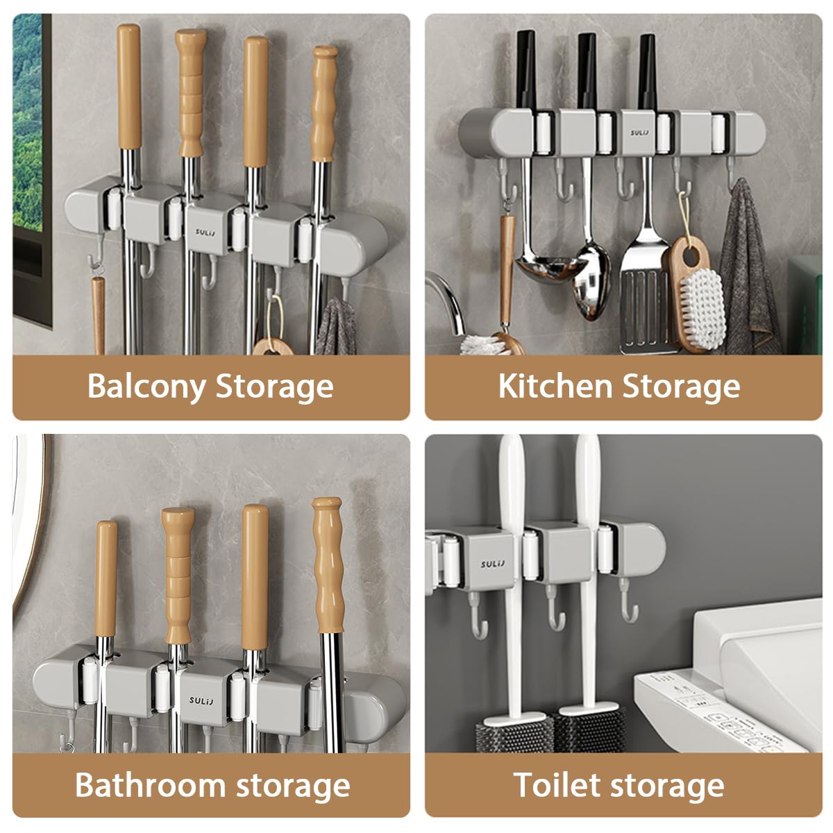 3PCS 4 Racks and 5 Hook Broom Mop Holder with Hooks Wall Mounted Broom Storage Rack No Drilling Self-Adhesive Mop Broom Organizer Mop Holder Hanger for Bathroom Office Kitchen Closet Garage,Gray