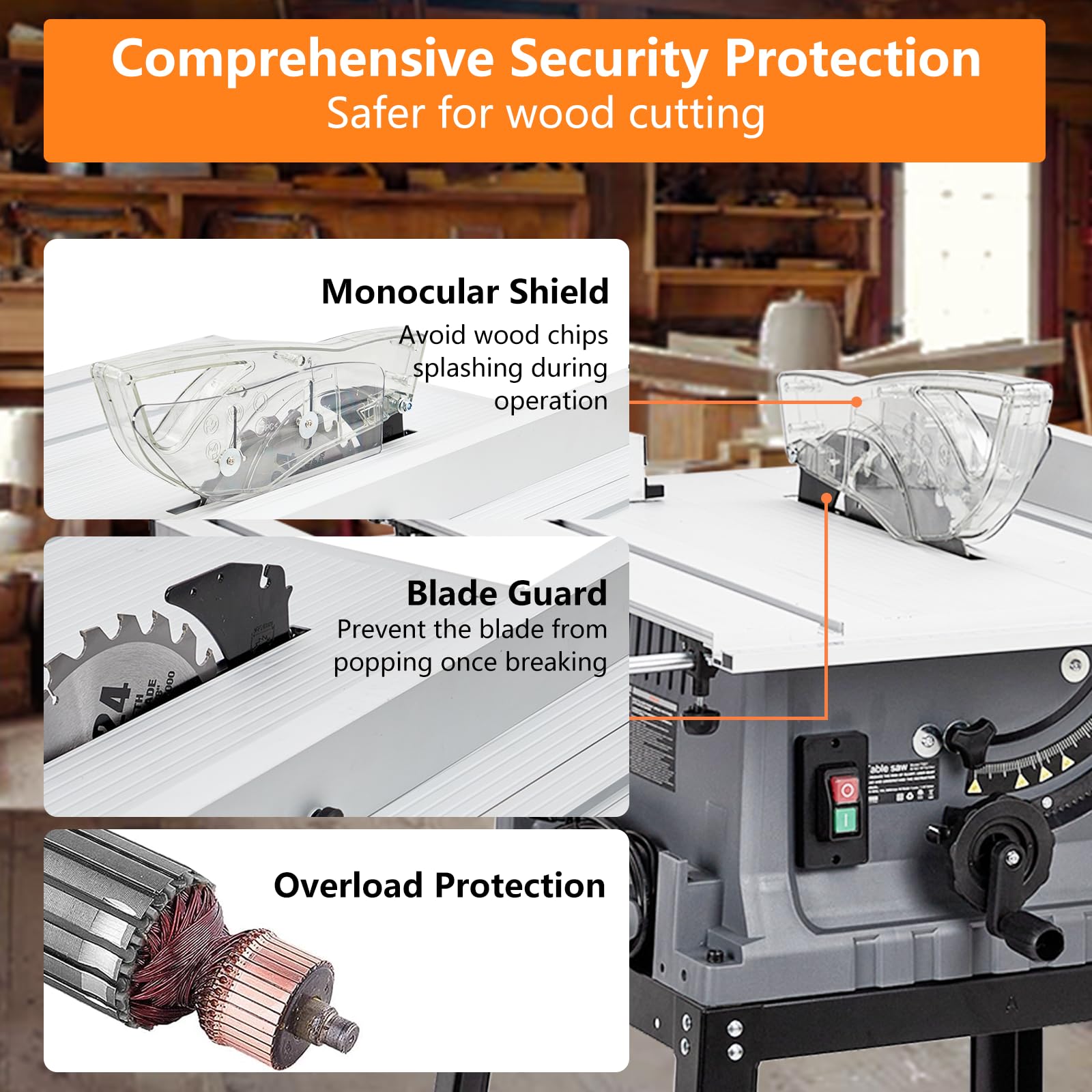 Table Saw 10 Inch, 5000RPM Powerful Tablesaw With Stand & Protective Cover, 90°Cross Cut & 0-45°Bevel Cut, Jobsite Table Saw Adjustable Depth, for Woodworking, Metal, Plastic