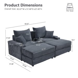 Oversized Loveseat with 2 Ottomans, 82.67" Corduroy Cloud Couch with USB Charger Console Storage Armrest, Modern Sectional Sofa Lounge Sleeper Sofa for Living Room Office, Grey