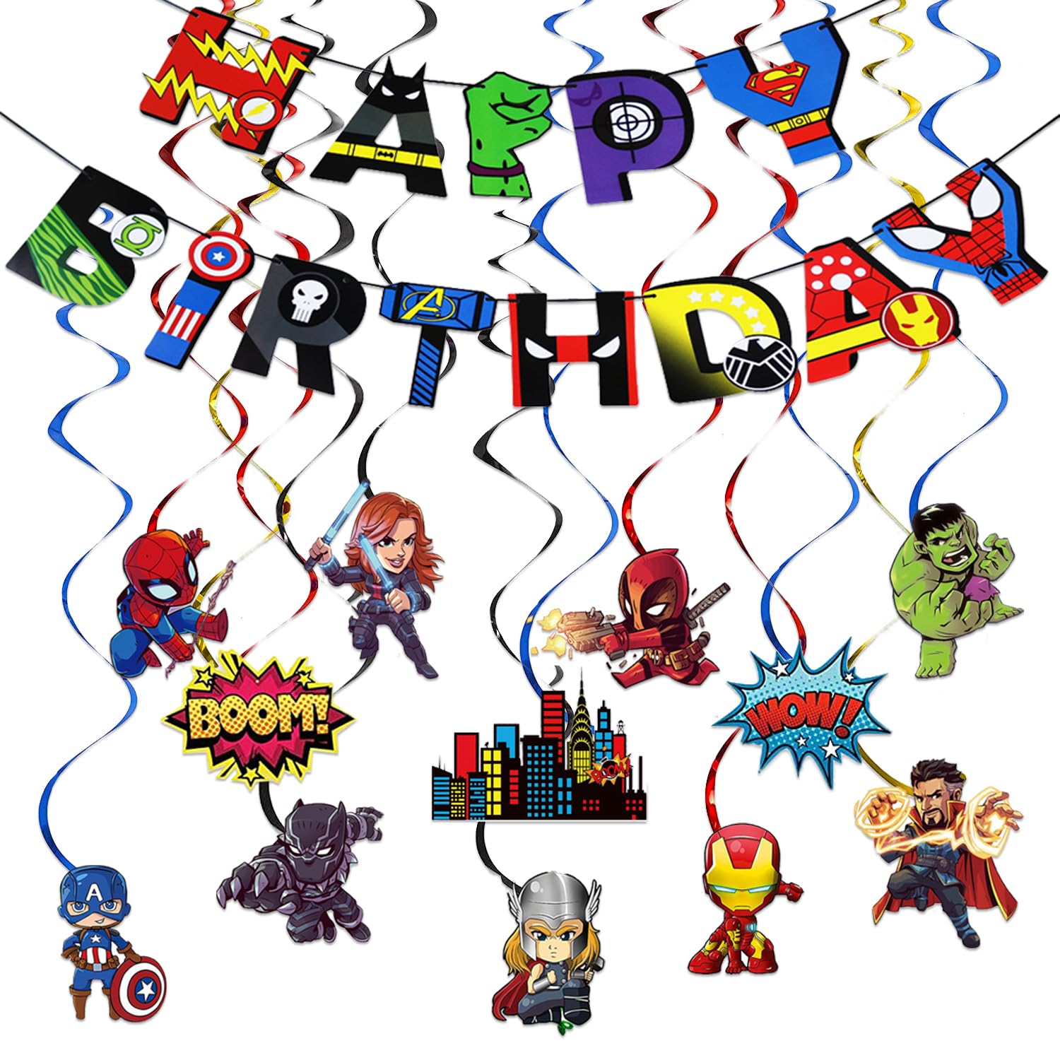 Superhero Party Supplies decorations Superhero Party Banner Decorations for Kid, Boys and Girls Superhero Hanging Swirls Party Decorations