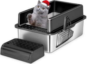 stainless steel cat litter box with lid, extra large enclosure litter box for big cats, high sided xl metal litter pan non-sticky anti-leakage odor control easy cleaning(black, 24” x 16” x 12”)