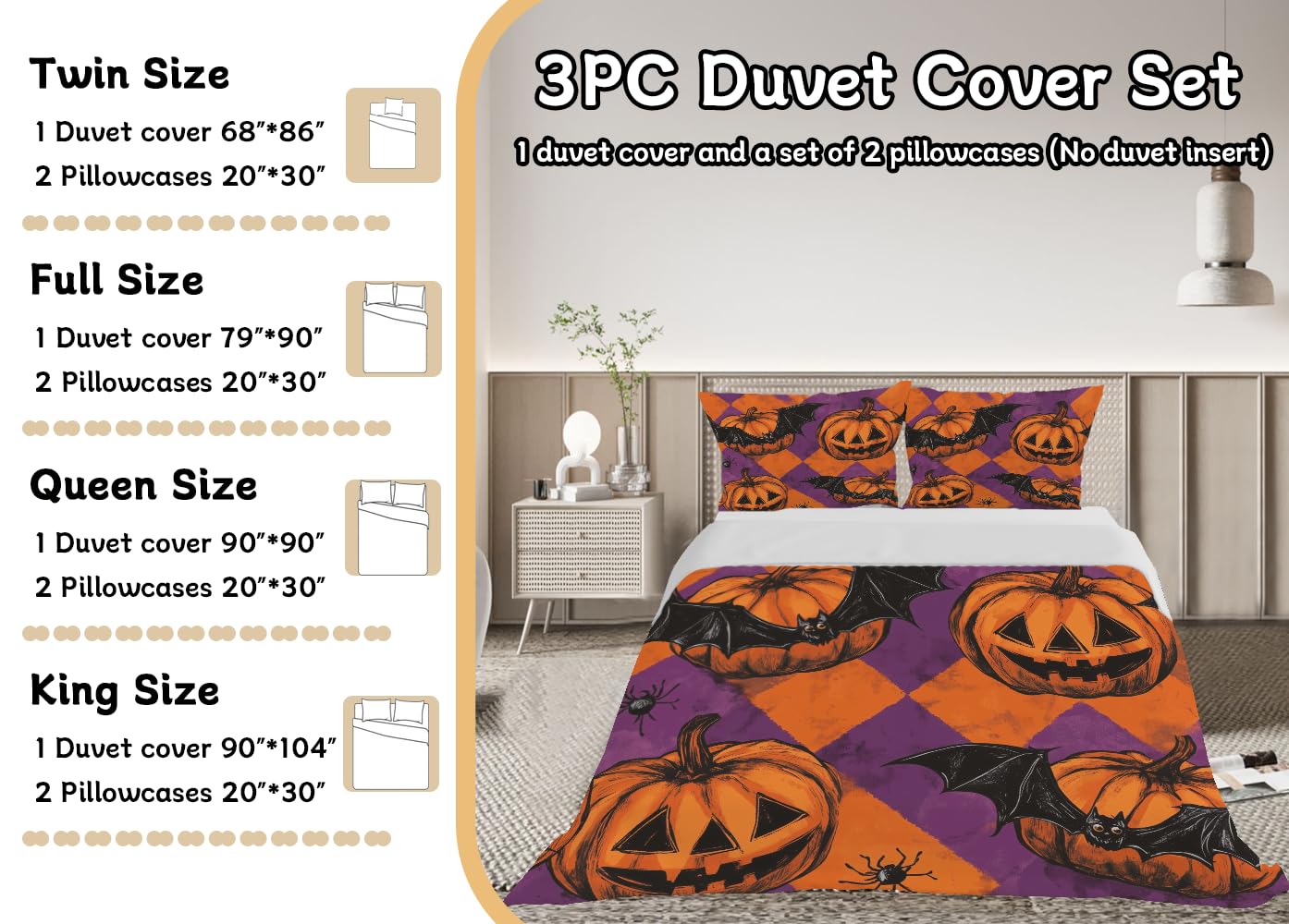 Pumpkin Face Duvet Cover Full Size 3D Printed Pumpkin Full Duvet Cover Set Bats Spider Scary Face Carved on Pumpkin Bedding Set Bedroom Decor All Season 3 Pcs Comforter Cover with 2 Pillowcases