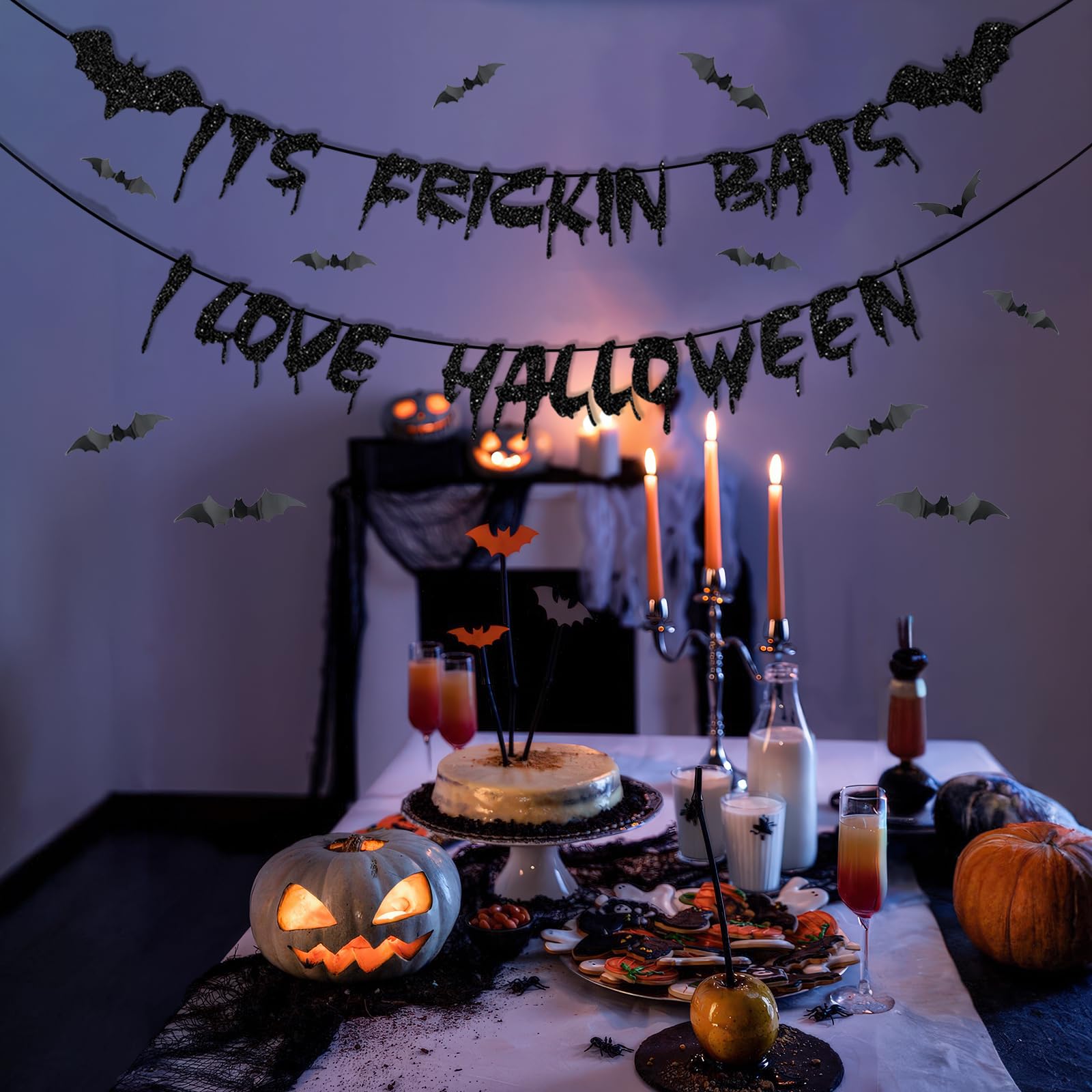 Bats Halloween Decoration, It's Frickin Bats I Love Halloween Banner - Fufuddz 26PCS 3D Bat Wall Decor Stickers Decals Indoor Outdoor Cute Spooky Garland Party Supplies for Mantle Home