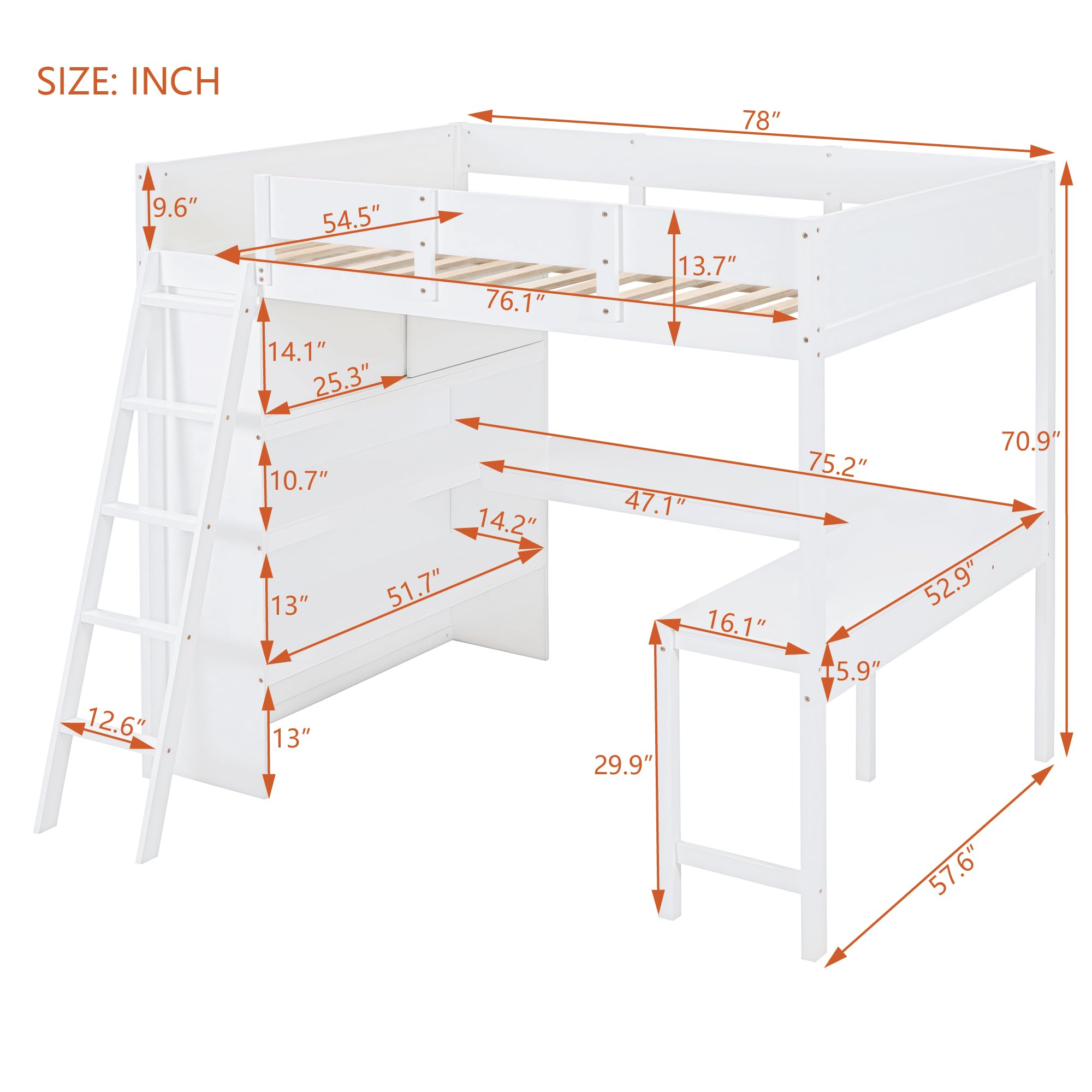 Ball & Cast Full Size Loft Bed with Stair & Safety Guardrail,Solid Wood Bedframe W/Desk & Storage Shelves,Space-Saving,Easy Aseembly,Multifunctional Furniture for Boys Girls Teens Adult Bedroom,White