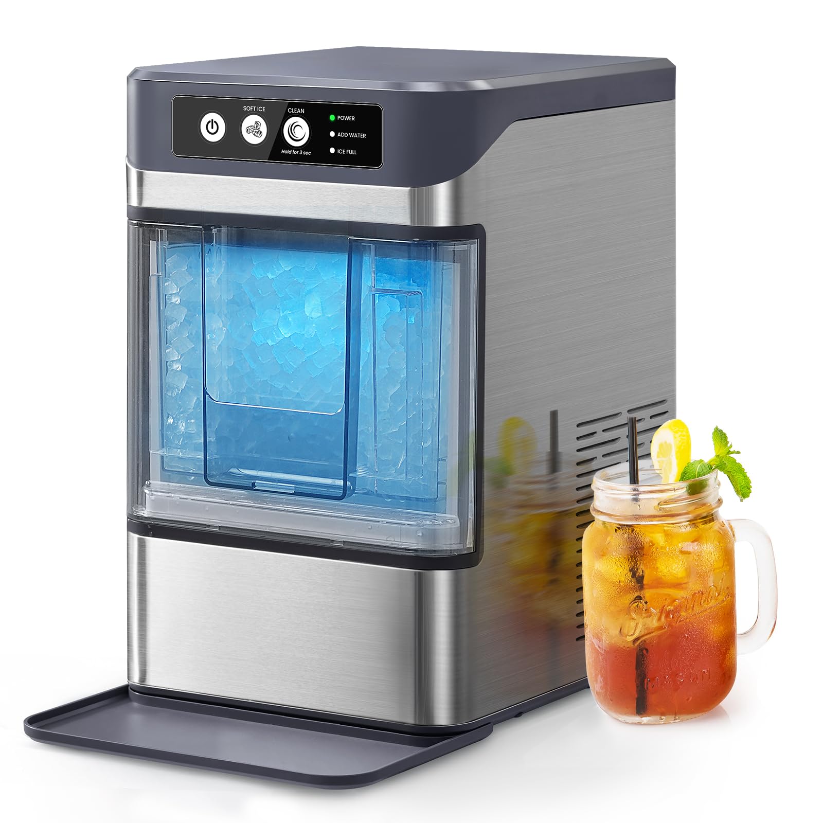 Nugget Ice Maker Coutertop,Chewable Soft Ice Maker Machine,Ready in 6 Mins,41Lbs per Day,Table Top Ice Cube Maker for Home, Self-Cleaning，Stainless Steel,Ideal for Parties, Kitchens, Bars, Offices