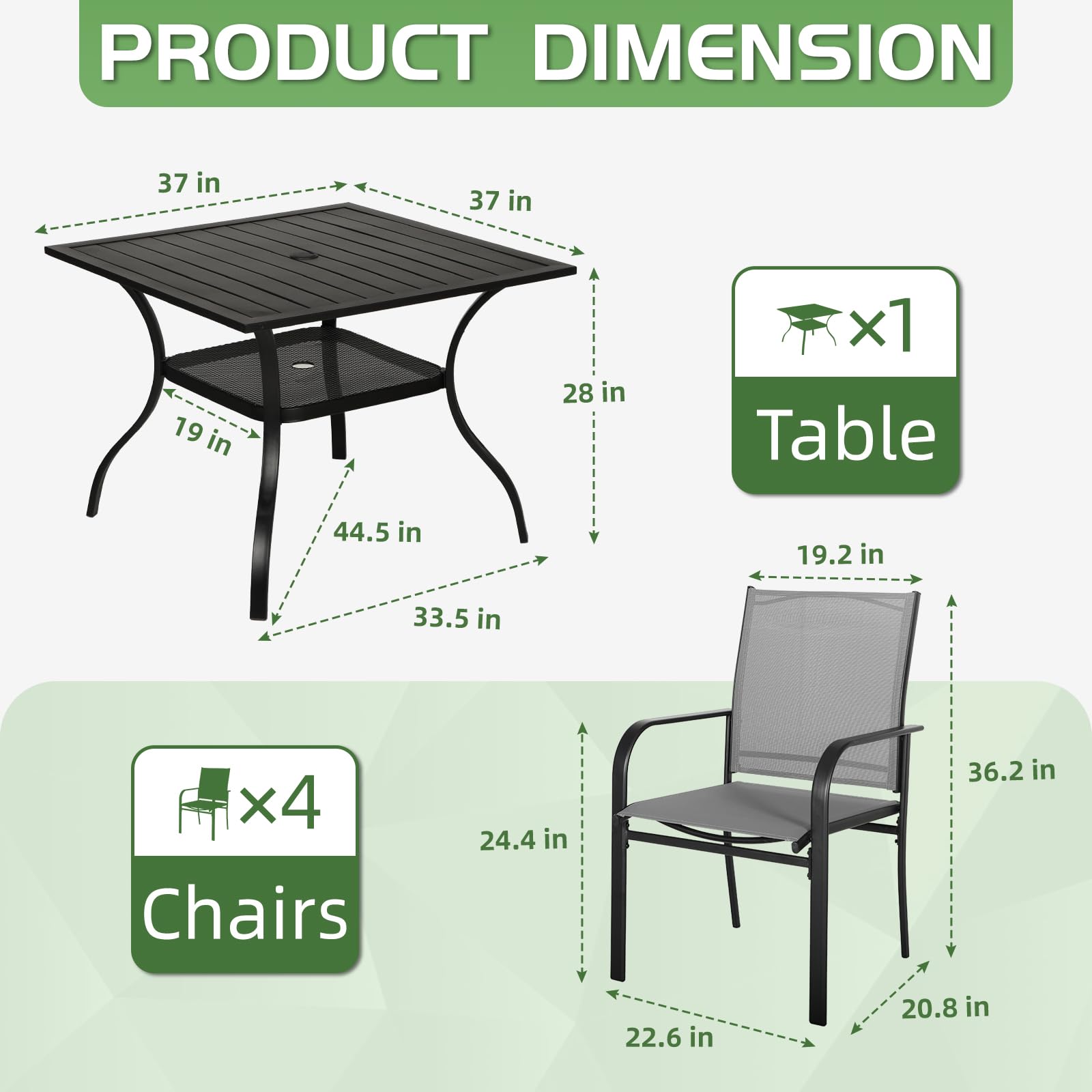 Incbruce 5 Pieces Patio Dining Set, Outdoor Dining Set of 4 Textilene Chairs and Rectangle Table with Umbrella Hole for Backyard, Garden, and Poolside (Grey)