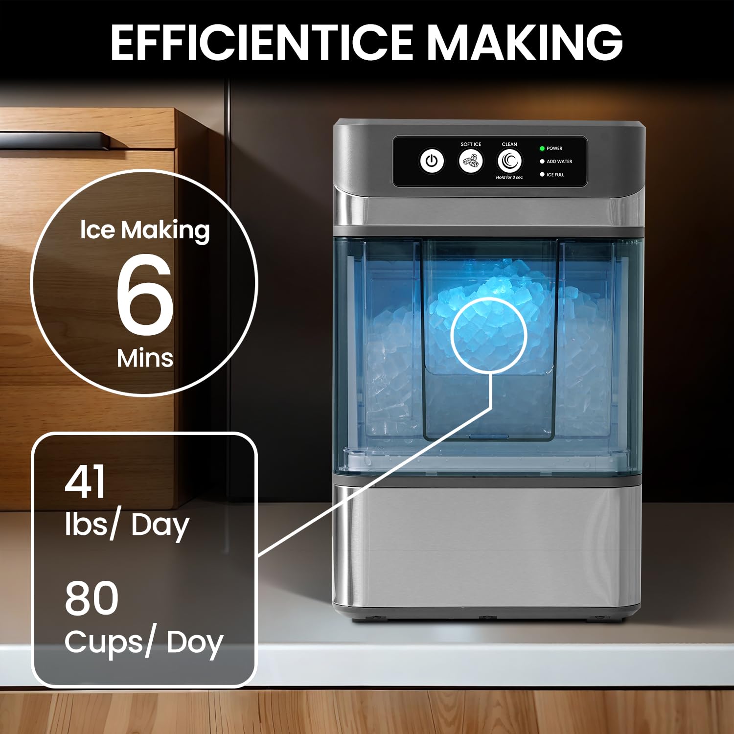 Nugget Ice Maker Coutertop,Chewable Soft Ice Maker Machine,Ready in 6 Mins,41Lbs per Day,Table Top Ice Cube Maker for Home, Self-Cleaning，Stainless Steel,Ideal for Parties, Kitchens, Bars, Offices