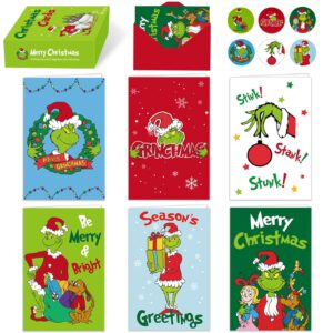 fabelly grinchs christmas cards, set of 30 christmas cards boxed with envelopes and stickers, 6 x 4 inch 6 assorted designs holiday cards - greeting cards for kids boys girls adults