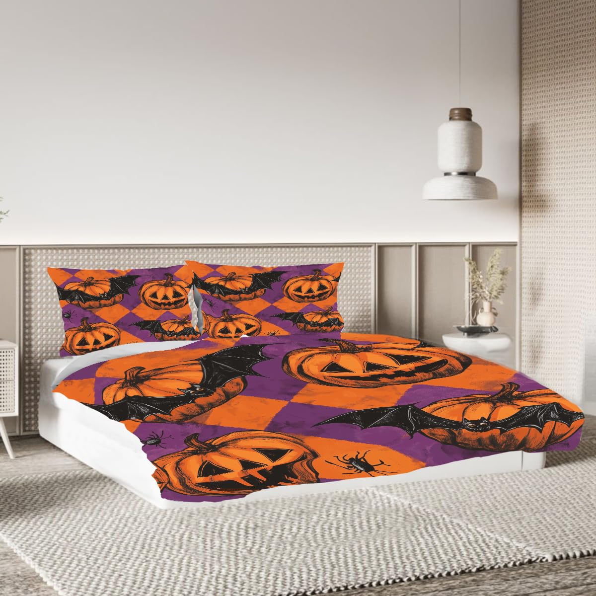 Pumpkin Face Duvet Cover Full Size 3D Printed Pumpkin Full Duvet Cover Set Bats Spider Scary Face Carved on Pumpkin Bedding Set Bedroom Decor All Season 3 Pcs Comforter Cover with 2 Pillowcases