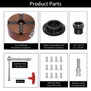 SIIIXS 4 Inch Wood Lathe Chuck Set 1" x 8TPI Thread & 3/4"x16TPI Adapter, Self-Centering 4 Jaw Wood Turning Chuck