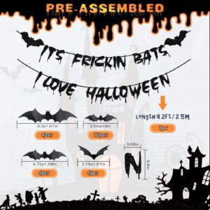 Bats Halloween Decoration, It's Frickin Bats I Love Halloween Banner - Fufuddz 26PCS 3D Bat Wall Decor Stickers Decals Indoor Outdoor Cute Spooky Garland Party Supplies for Mantle Home