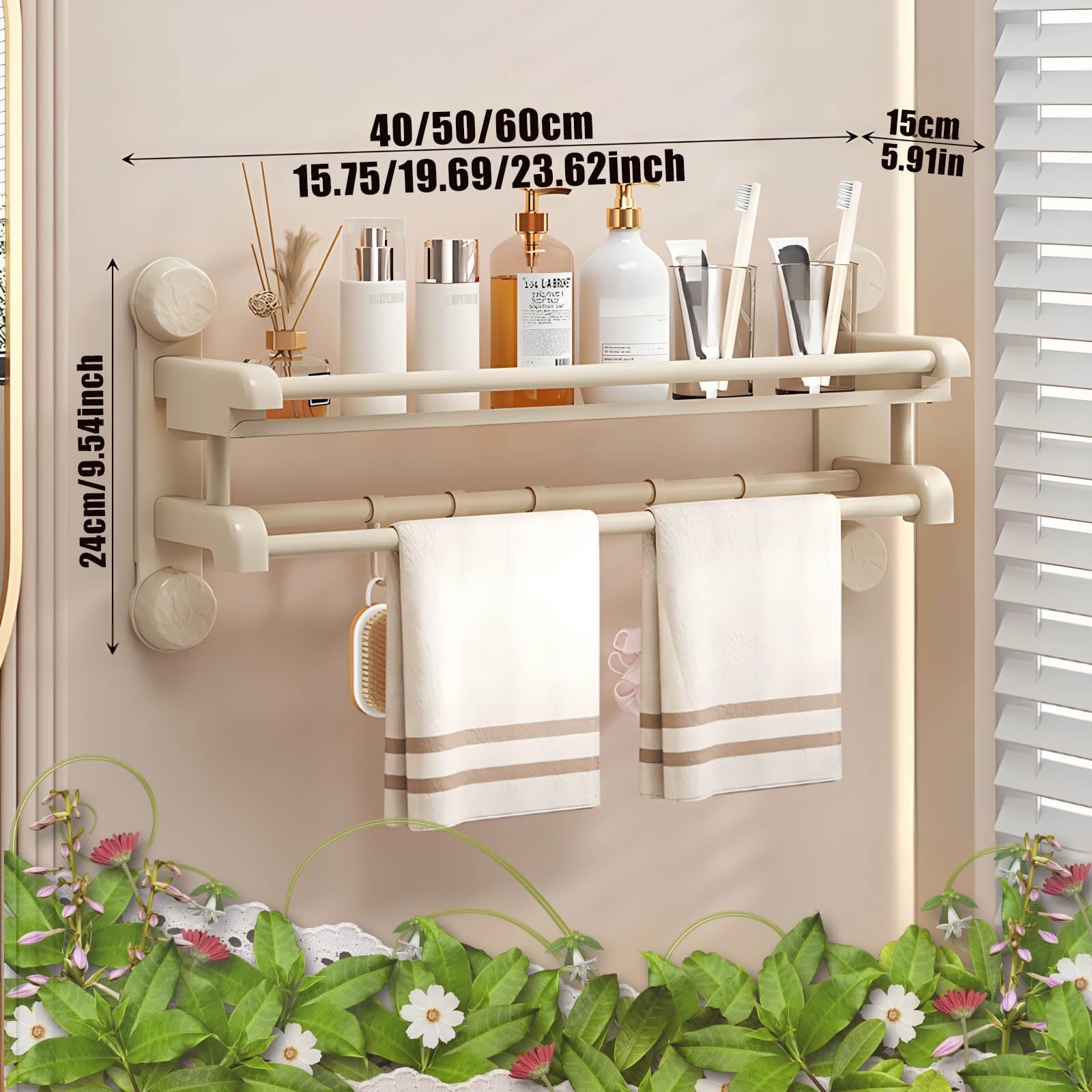 Towel Shelf，Bathroom Towel Rack with Shelf SUS304 Stainless Steel Wall Mount with Upgrade Suction Cup for Bedroom Bathroom Kitchen(White,15.75x5.91x9.45in)