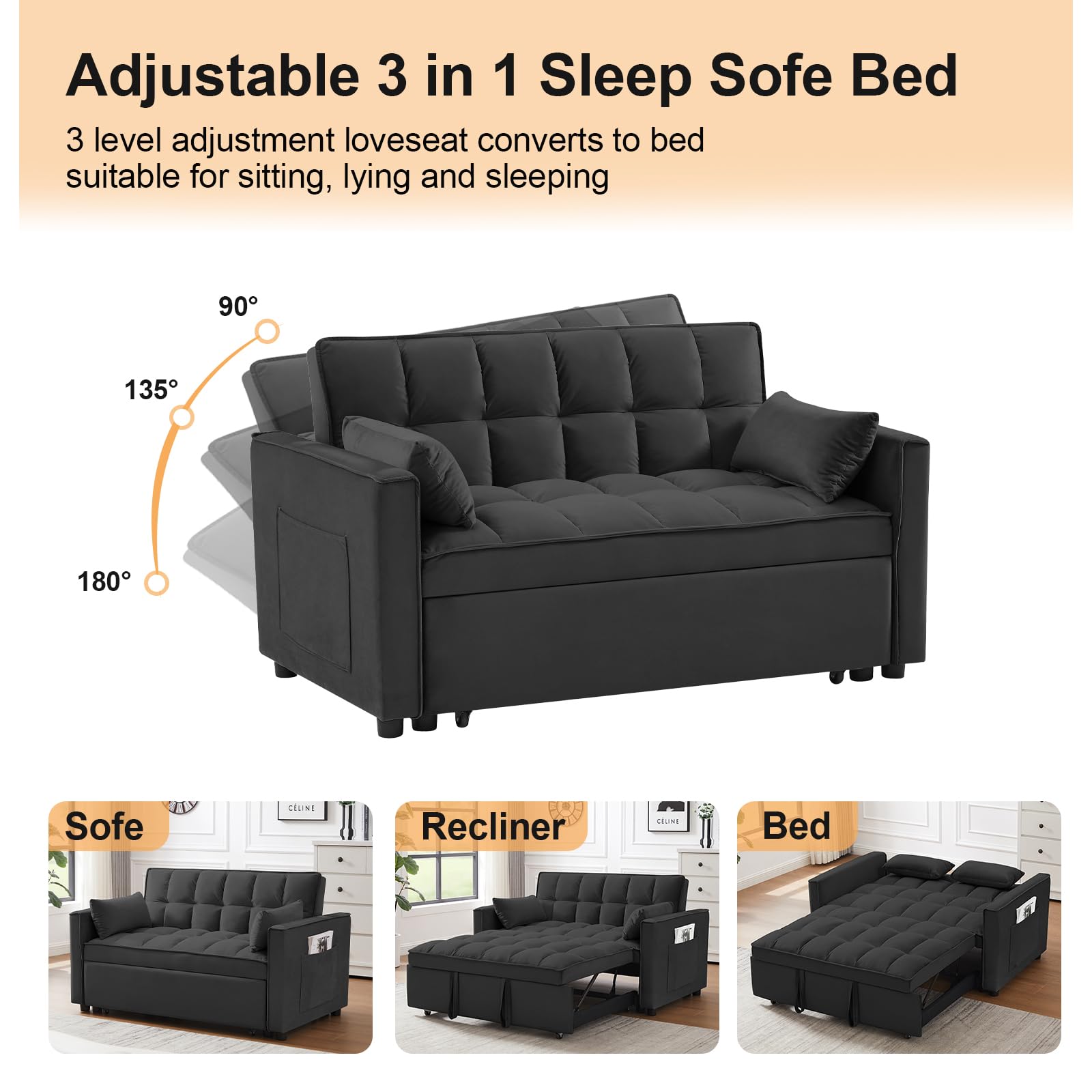 3 in 1 Convertible Sleeper Sofa Bed, Modern Velvet Loveseat Pull-out Sofa Couch w/Pullout Bed, Small Love Seat Lounge Sofa w/Reclining Backrest,Toss Pillows, Pockets, for Living Room(Black, 55.1)