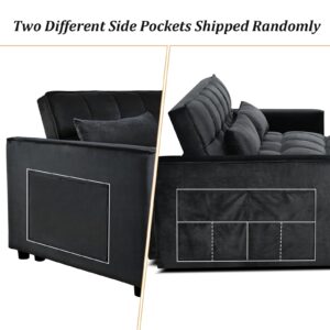 3 in 1 Convertible Sleeper Sofa Bed, Modern Velvet Loveseat Pull-out Sofa Couch w/Pullout Bed, Small Love Seat Lounge Sofa w/Reclining Backrest,Toss Pillows, Pockets, for Living Room(Black, 55.1)