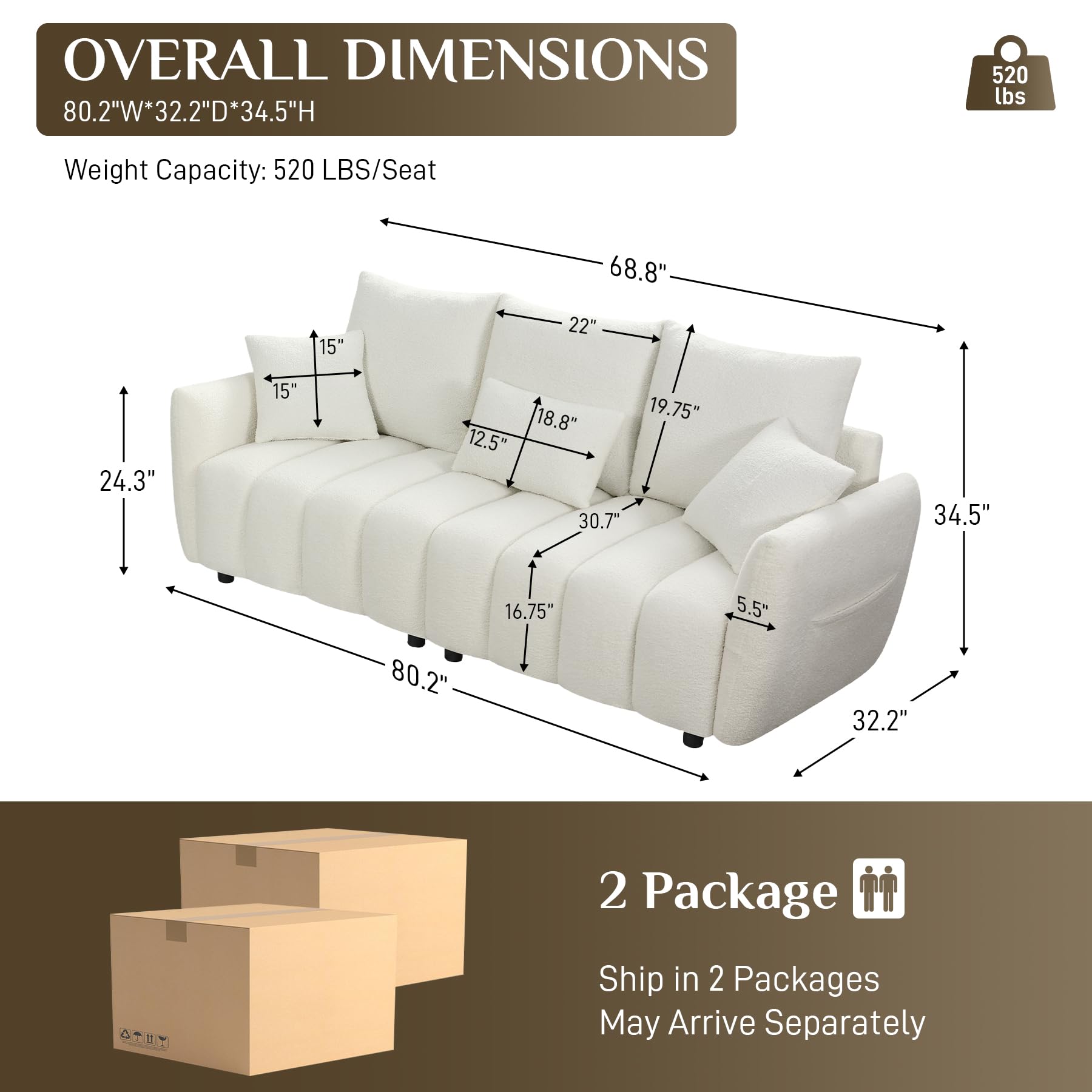 Wrofly Teddy Cloud Sofa Couch, Modern Deep Seat Boucle Sofa, Comfy Upholstered Sherpa 3 Seater Couch with 3 Pillows, Oversized Loveseat for Living Room Apartment Office, Beige White