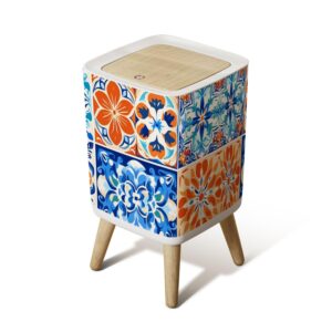 small trash can with lid mexican talavera ceramic tiles spanish maiolica colorful decorative wastebasket with press cover dog proof garbage can waste bin for kitchen bathroom nursery 2.6 gallon