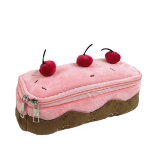 pink plush cherry cake pen bag, cute pencil pouch stationery storage box kawaii big capacity case box pen holder lead pencil organizer supplies pencil case, cosmetic bag (cherry pencil case)