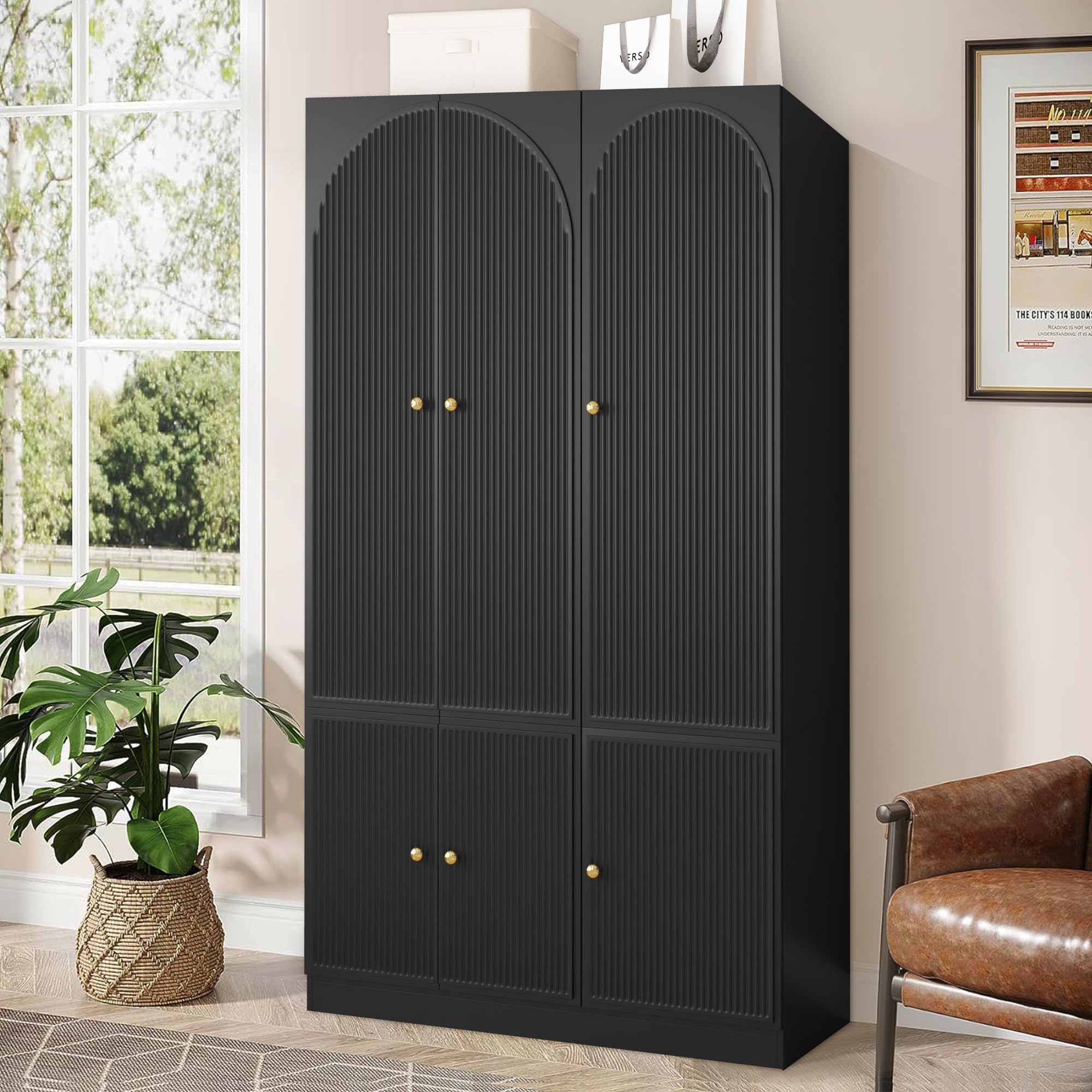 YMXLTD Armoire Wardrobe Closet with Doors for Hanging Clothes, Black Wardrobe Closet Cabinet with Hanging Rod, Modern Large Tall Wardrobe Storage Closet for Bedroom for Hanging Coat