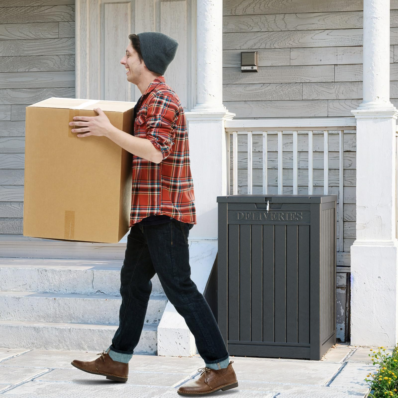 Package Delivery Boxes for Outside,48 Gallon Lockable Outdoor Storage Box,Large Double -Wall Resin Package Delivery Waterproof Deck Box for Porch,Patios (Black)