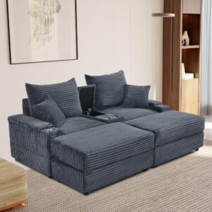 oversized loveseat with 2 ottomans, 82.67" corduroy cloud couch with usb charger console storage armrest, modern sectional sofa lounge sleeper sofa for living room office, grey