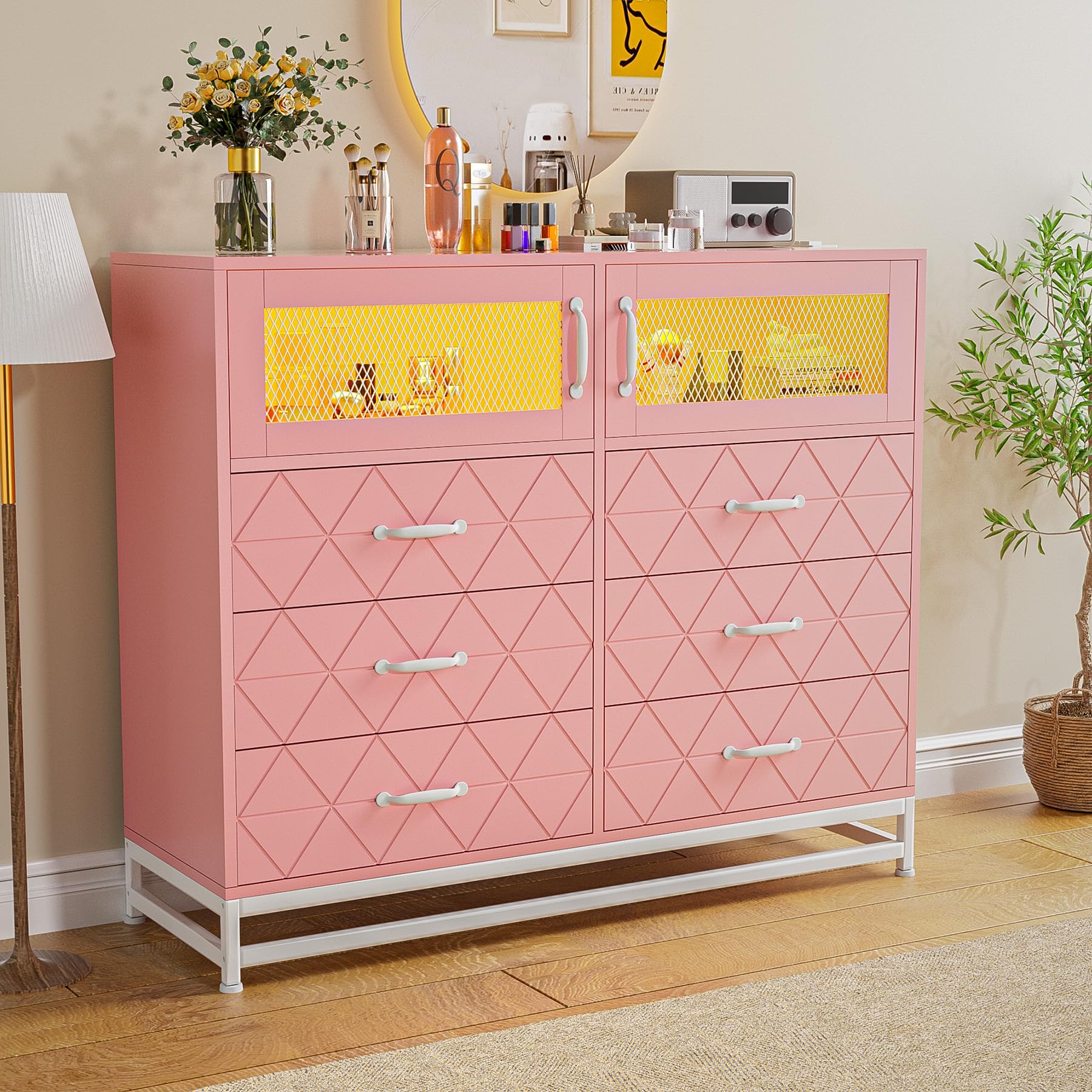 GarveeHome 6 Drawer Dresser with 2 Doors, Dresser for Bedroom with LED Lights and Charging Station, Wood Dresser Modern Chest of Drawers for Bedroom, Entryway, Hallway, Pink