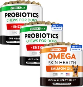 omega 3 + probiotics dogs bundle - allergy & itch + improve digestion & immunity - omega 3 & pumpkin + digestive enzymes - prebiotics - itchy skin + itching & licking treats - 420 chews - made in usa