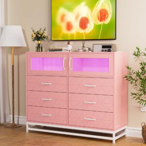 GarveeHome 6 Drawer Dresser with 2 Doors, Dresser for Bedroom with LED Lights and Charging Station, Wood Dresser Modern Chest of Drawers for Bedroom, Entryway, Hallway, Pink